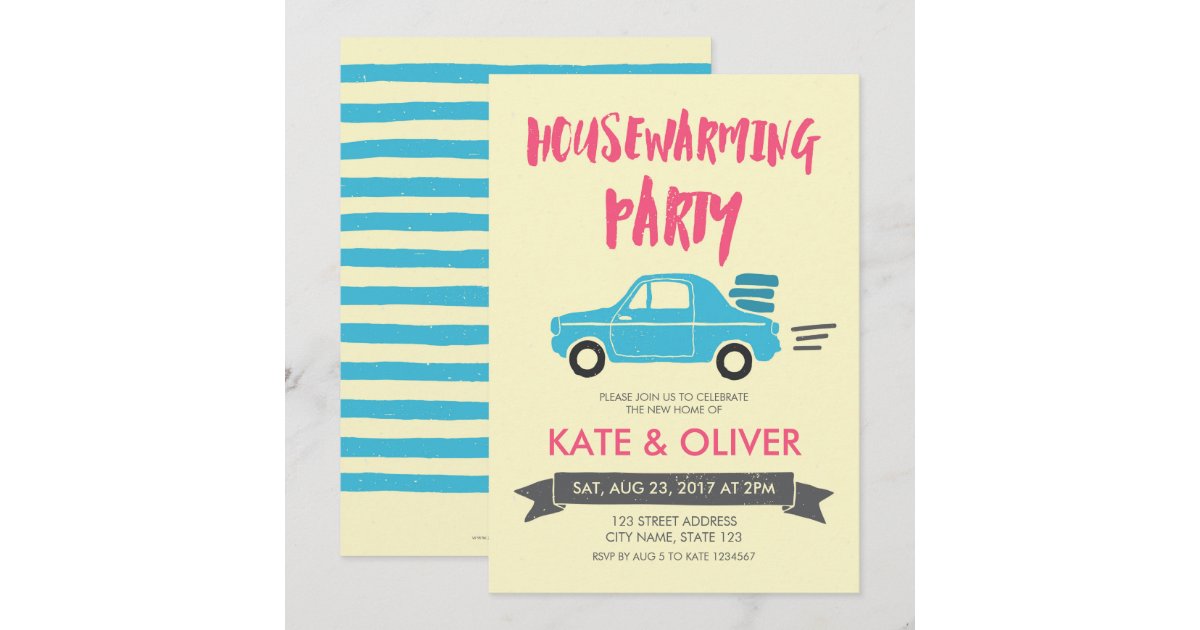 Pink and Blue Car Housewarming Party Invitation | Zazzle