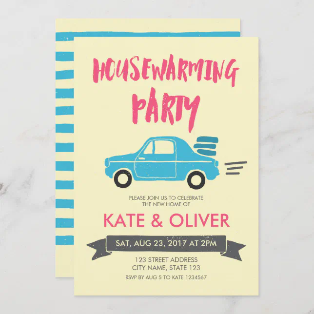 Pink and Blue Car Housewarming Party Invitation | Zazzle