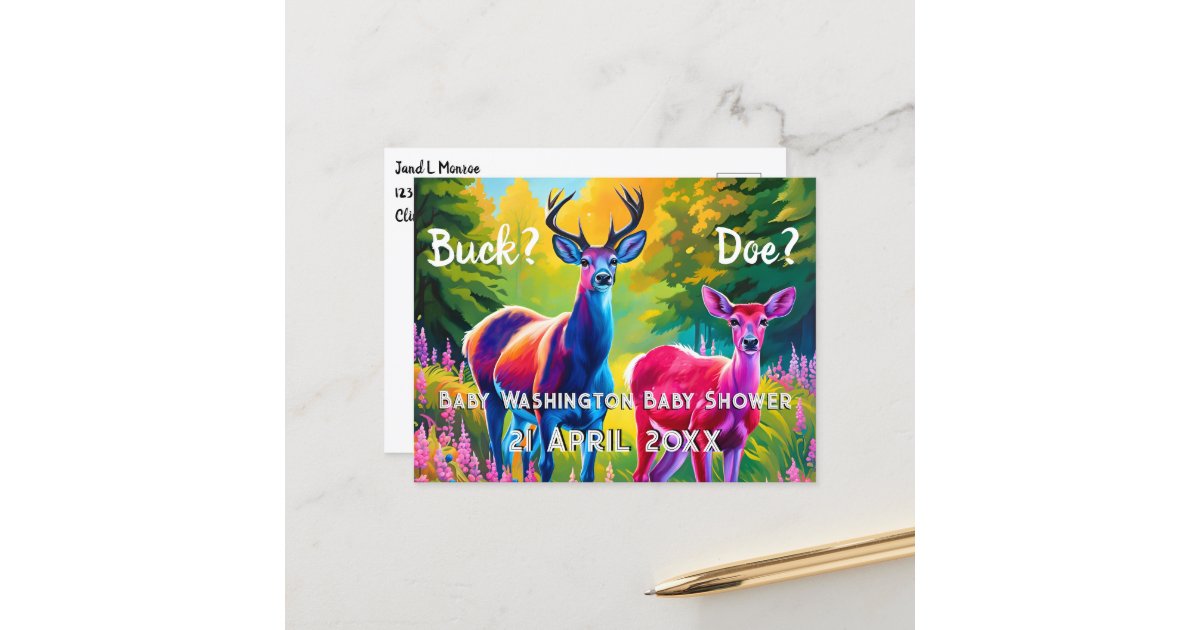 Pink and Blue Deer Gender Reveal Postcard | Zazzle