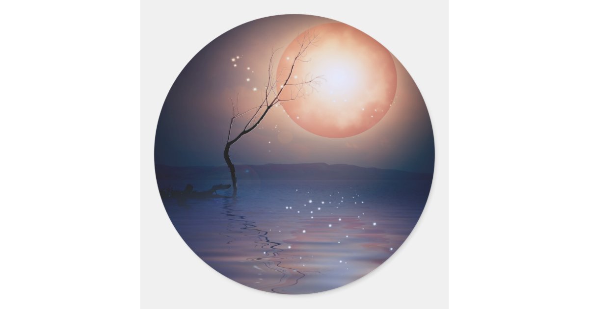 Pink and Blue Fantasy Sparkling Moon over water Classic Round Sticker ...