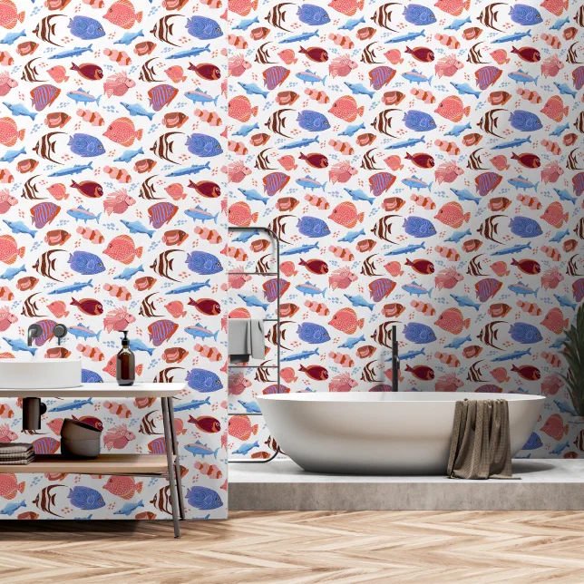 pink and blue fish pattern wallpaper | Zazzle