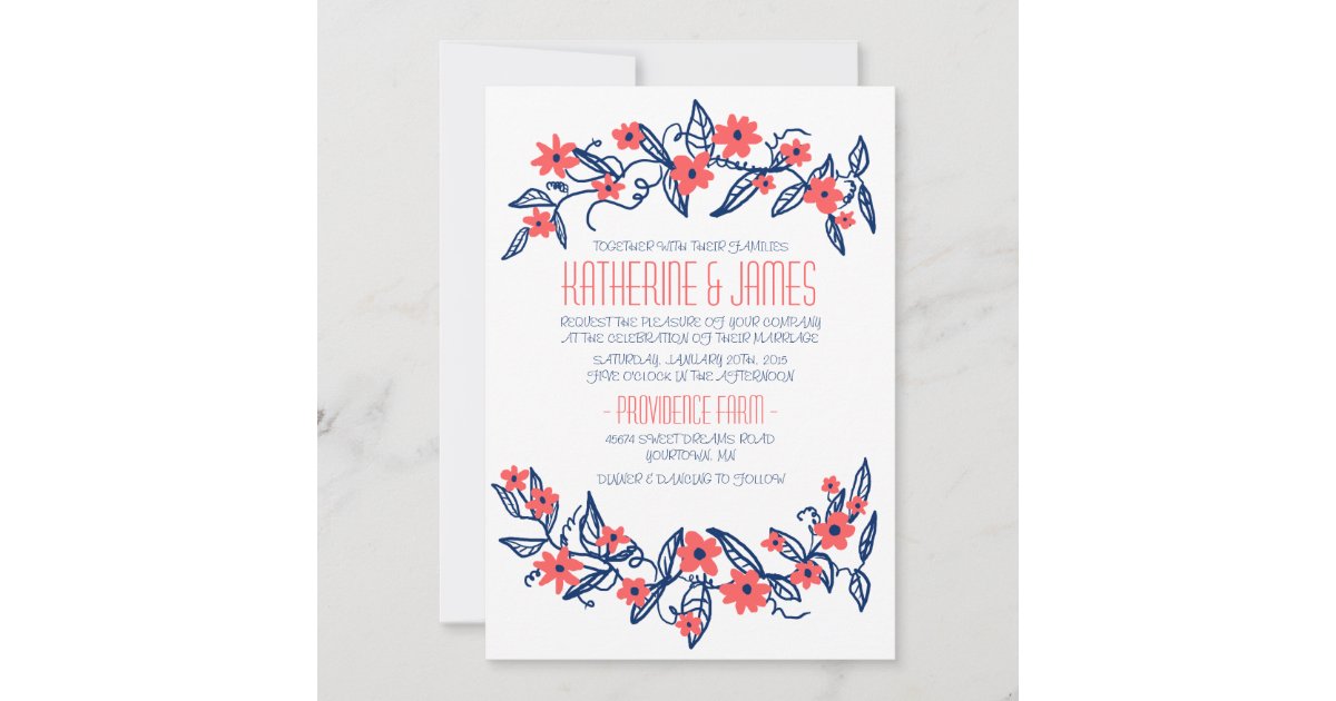 Pink and Blue Floral Banners Wedding Invitation | Zazzle