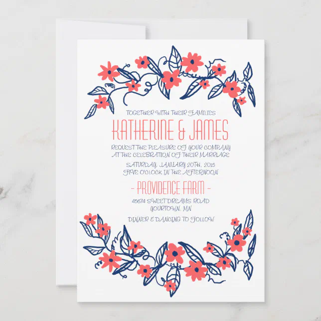 Pink and Blue Floral Banners Wedding Invitation | Zazzle