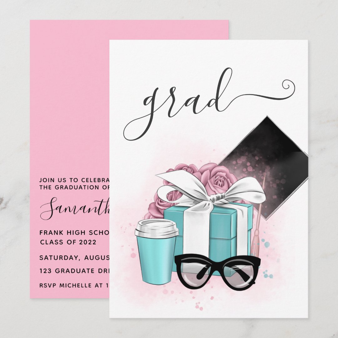Pink and Blue Floral Girl Graduation Party Invitation | Zazzle
