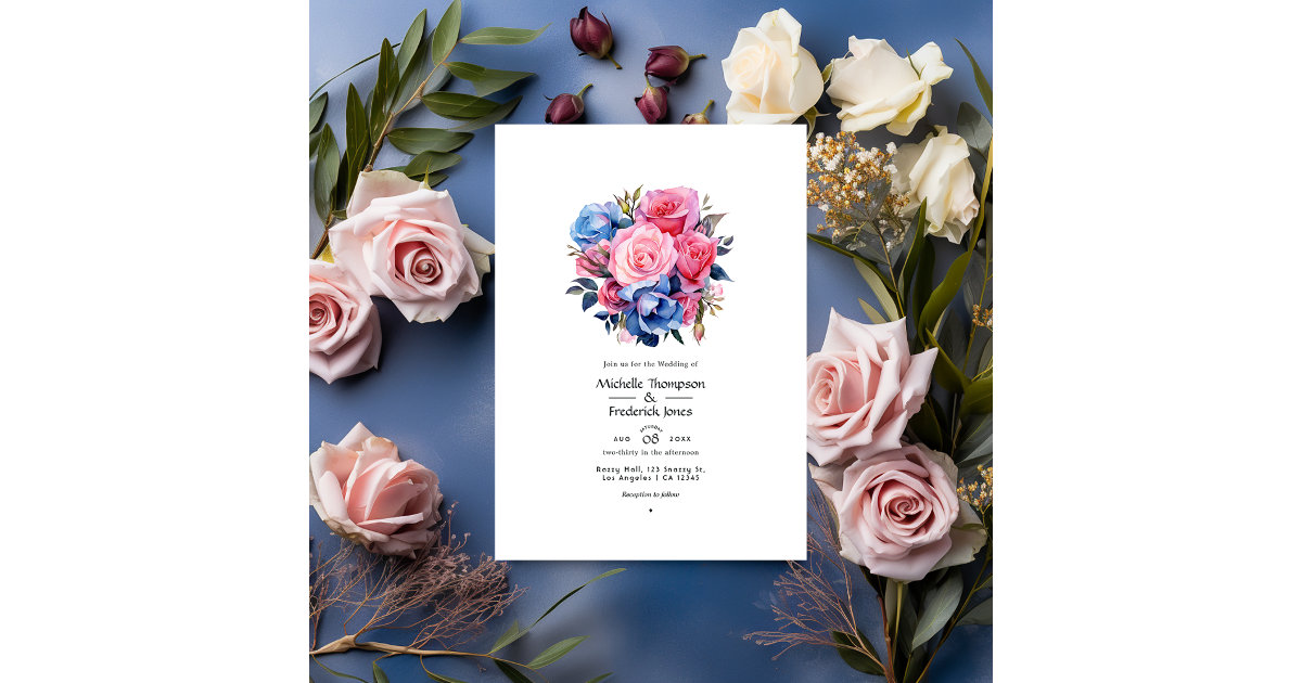 Pink and Blue Floral Wedding Invitation | Zazzle