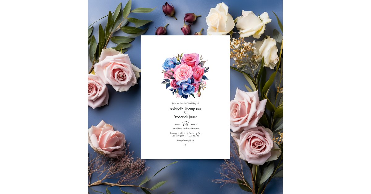 Pink and Blue Floral Wedding Invitation | Zazzle