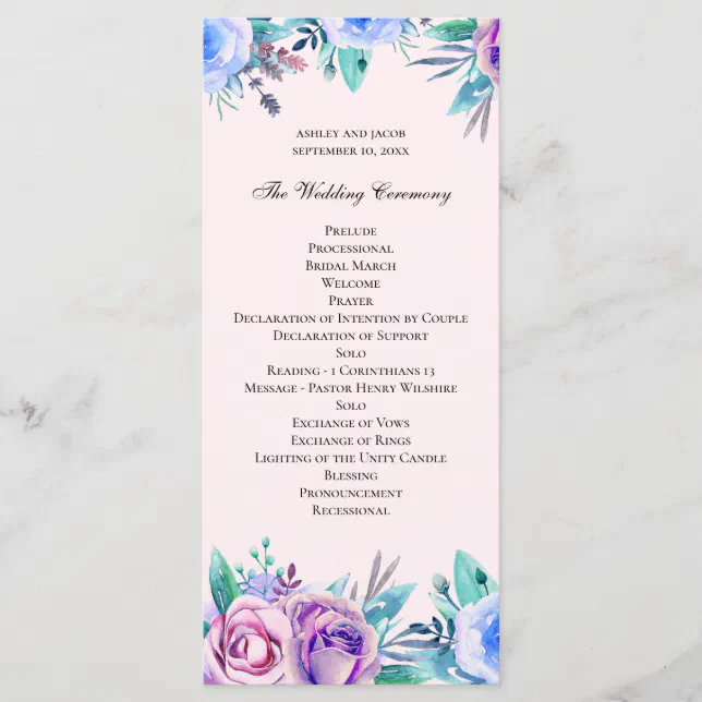 Pink and blue floral wedding. Watercolor flowers Program | Zazzle
