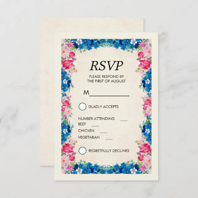 Pink and Blue Flowers Fancy Elegant RSVP Invitation | Zazzle