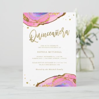 Pink and Blue Geode with Gold | Quinceanera Invitation | Zazzle