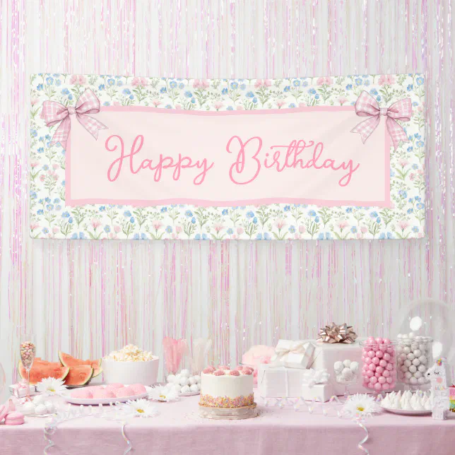 Pink and Blue Grandmillennial Happy Birthday Banner | Zazzle