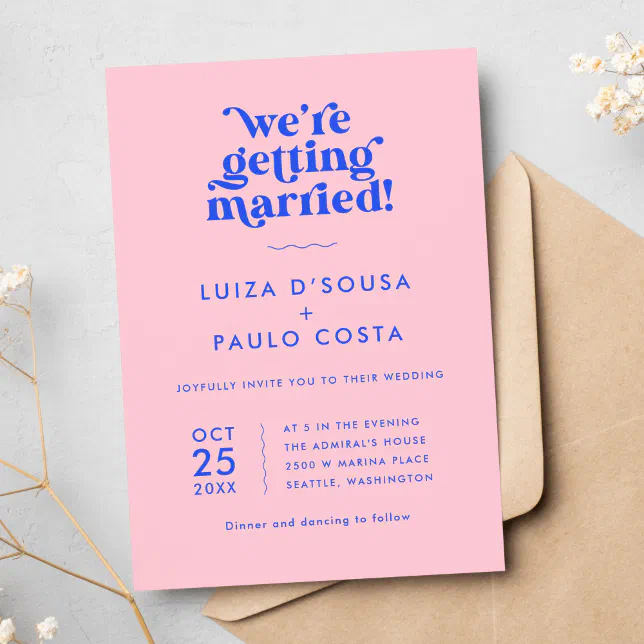 Pink and Blue Modern Retro Wedding Invitation | Zazzle