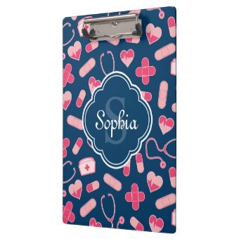 Pink and Blue Nurse Pattern with Monogram Clipboard | Zazzle