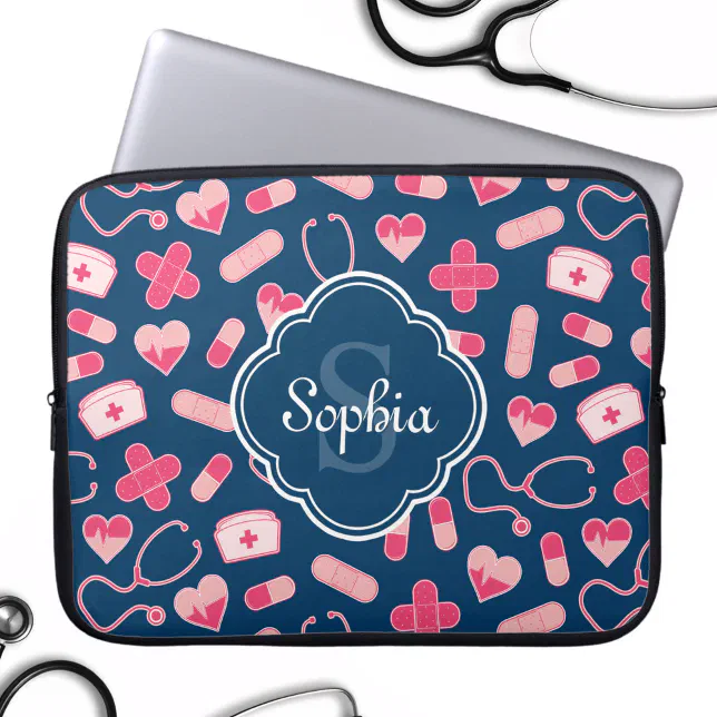 Pink and Blue Nurse Pattern with Monogram Laptop Sleeve | Zazzle