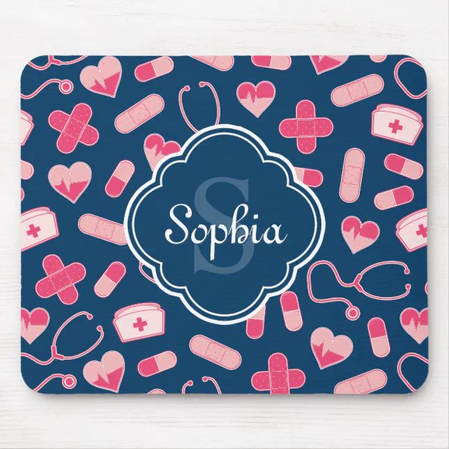 Pink and Blue Nurse Pattern with Monogram Mouse Pad | Zazzle