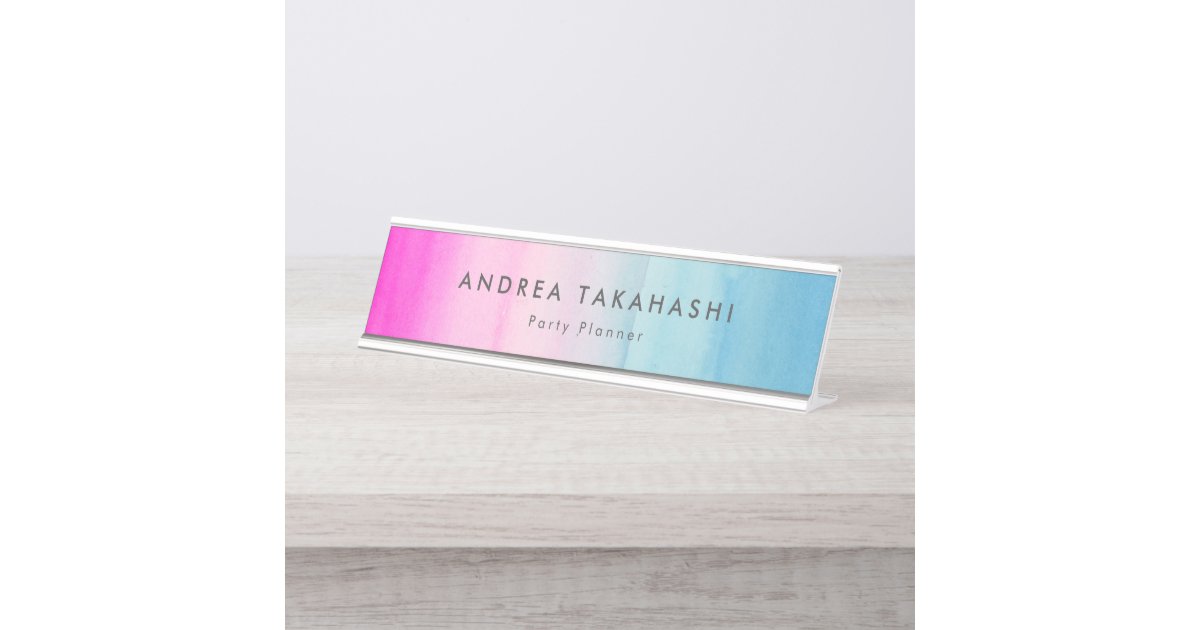 Pink and Blue Ombre Watercolor | Add Name Desk Name Plate | Zazzle