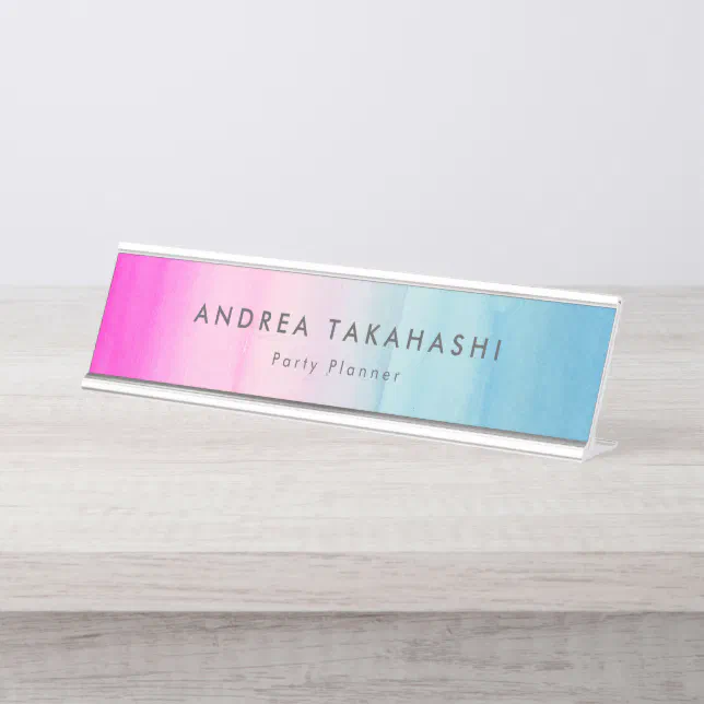 Pink and Blue Ombre Watercolor | Add Name Desk Name Plate | Zazzle