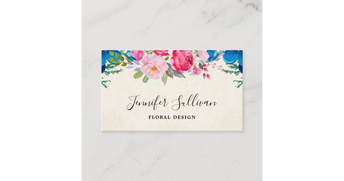 Pink and Blue Pretty Flower Border Professional Business Card | Zazzle