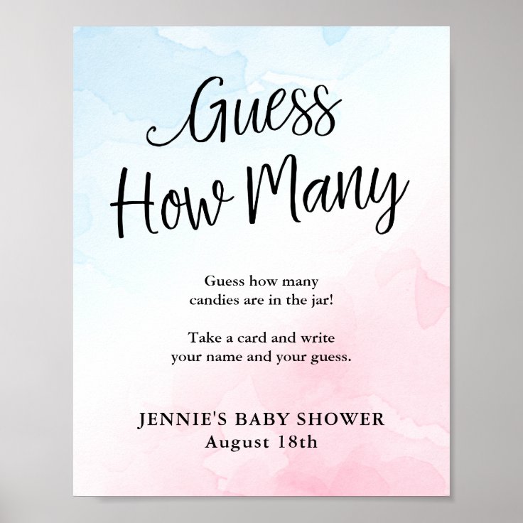 Pink and Blue Script Guess How Many Game Display Poster | Zazzle