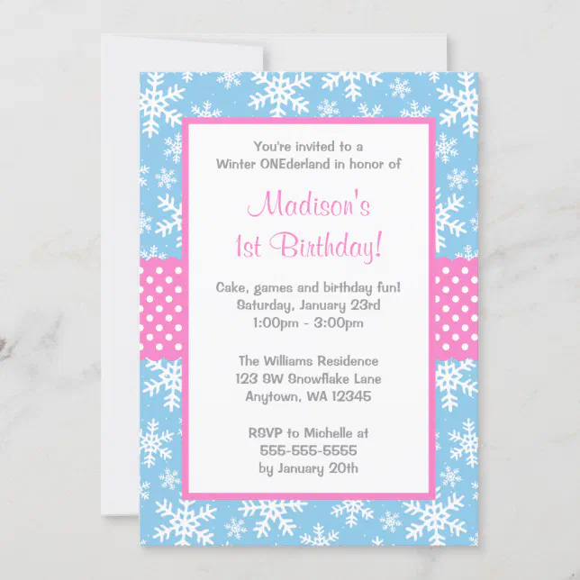 Pink and Blue Snowflakes Winter Onederland Invitation | Zazzle