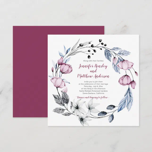 Pink and Blue Watercolor Floral Wreath Wedding | Invitation | Zazzle