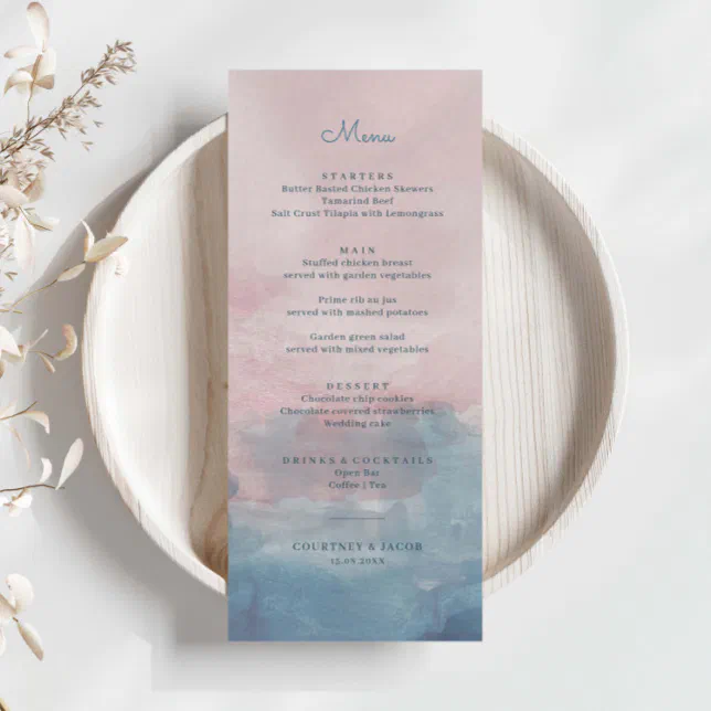 Pink and Blue Watercolor Menu Card | Zazzle