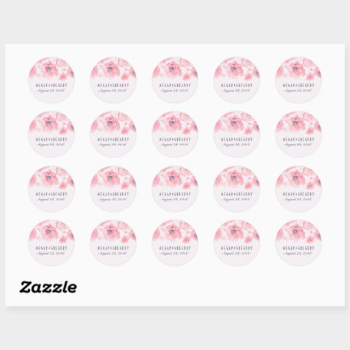 Pink and Blush Watercolor Flowers Wedding Classic Round Sticker | Zazzle