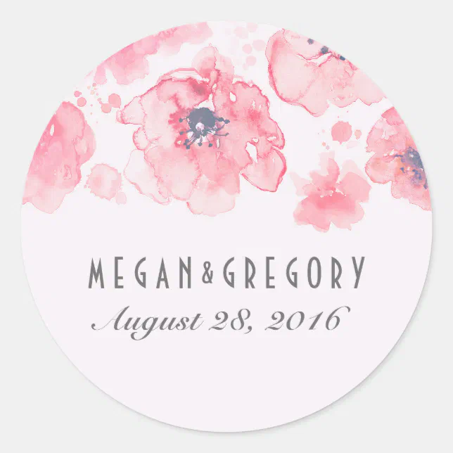 Pink and Blush Watercolor Flowers Wedding Classic Round Sticker | Zazzle