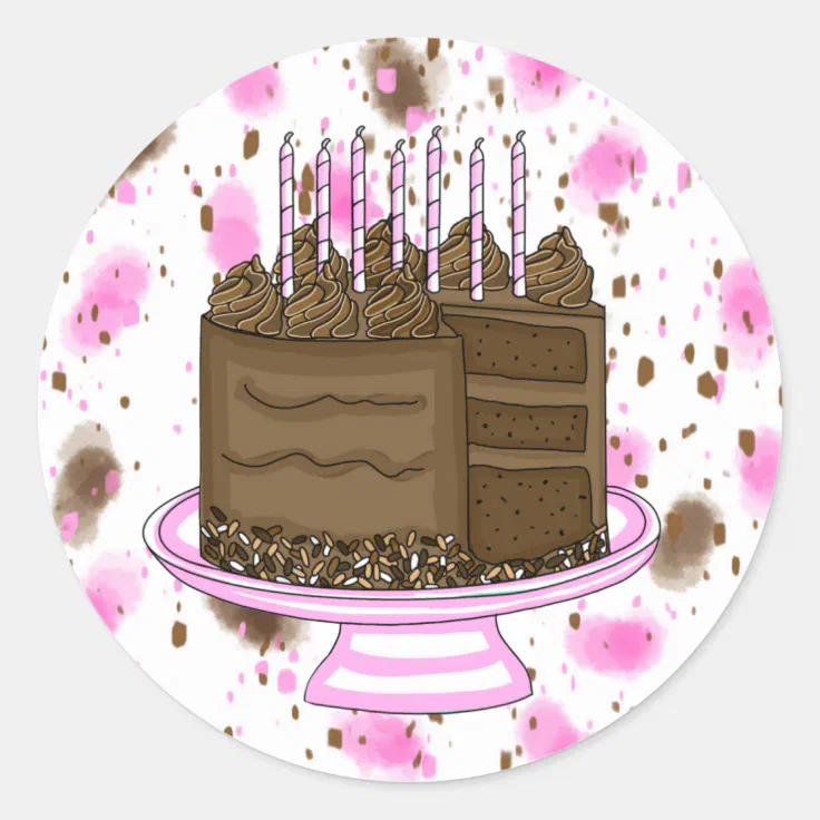 Pink and Brown Chocolate Cake Birthday Classic Round Sticker | Zazzle