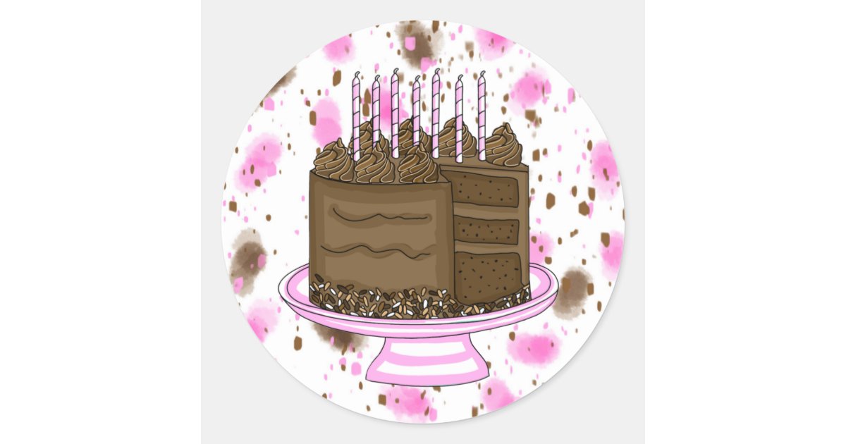 Pink and Brown Chocolate Cake Birthday Classic Round Sticker | Zazzle