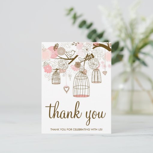 Pink and Brown Flowers & Birdcages Thank You Card | Zazzle