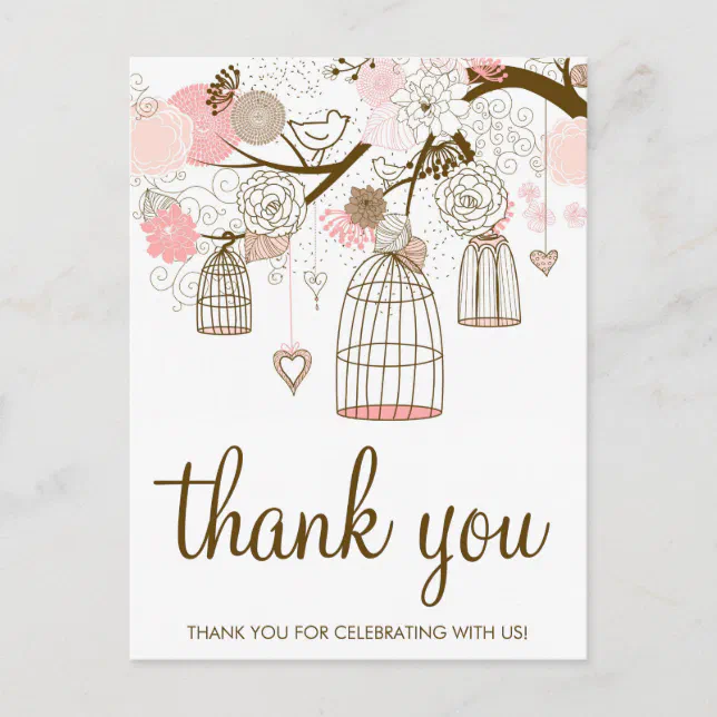Pink and Brown Flowers & Birdcages Thank You Card | Zazzle