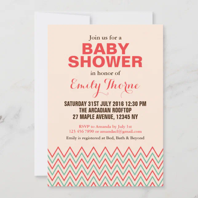Pink and Coral Chevron Baby Shower Invitation | Zazzle