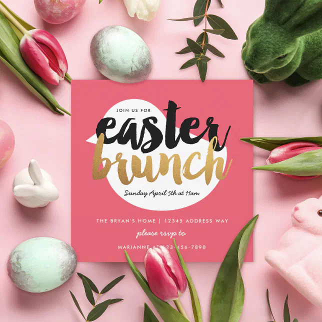 Pink and Faux Gold Modern Chick Easter Brunch Invitation | Zazzle
