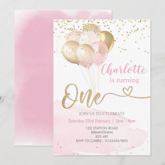 Pink and Gold Balloons, Party Birthday Invitation | Zazzle
