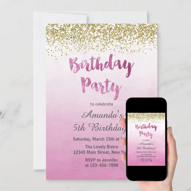 Pink and Gold Birthday Invitation | Zazzle