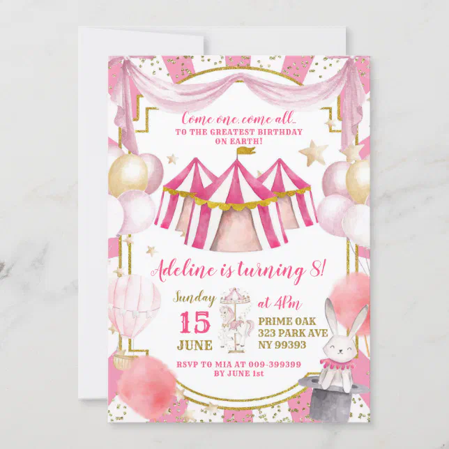 Pink and Gold Carousel Girl Birthday Invitation | Zazzle