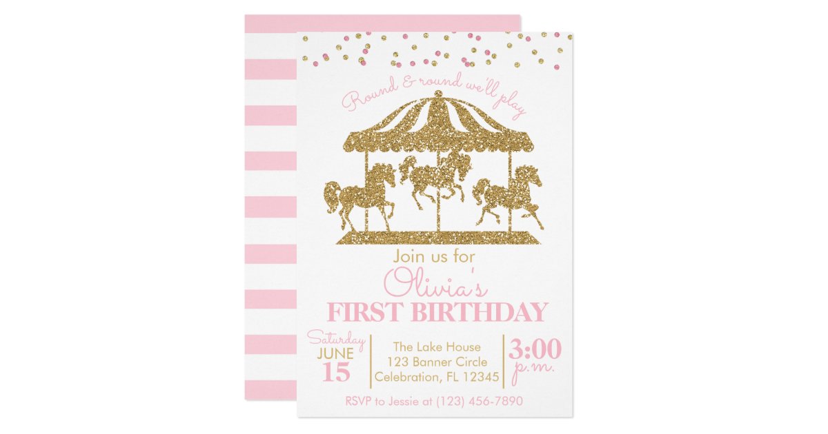 Pink and Gold Carousel Girls Birthday Invitation | Zazzle.com