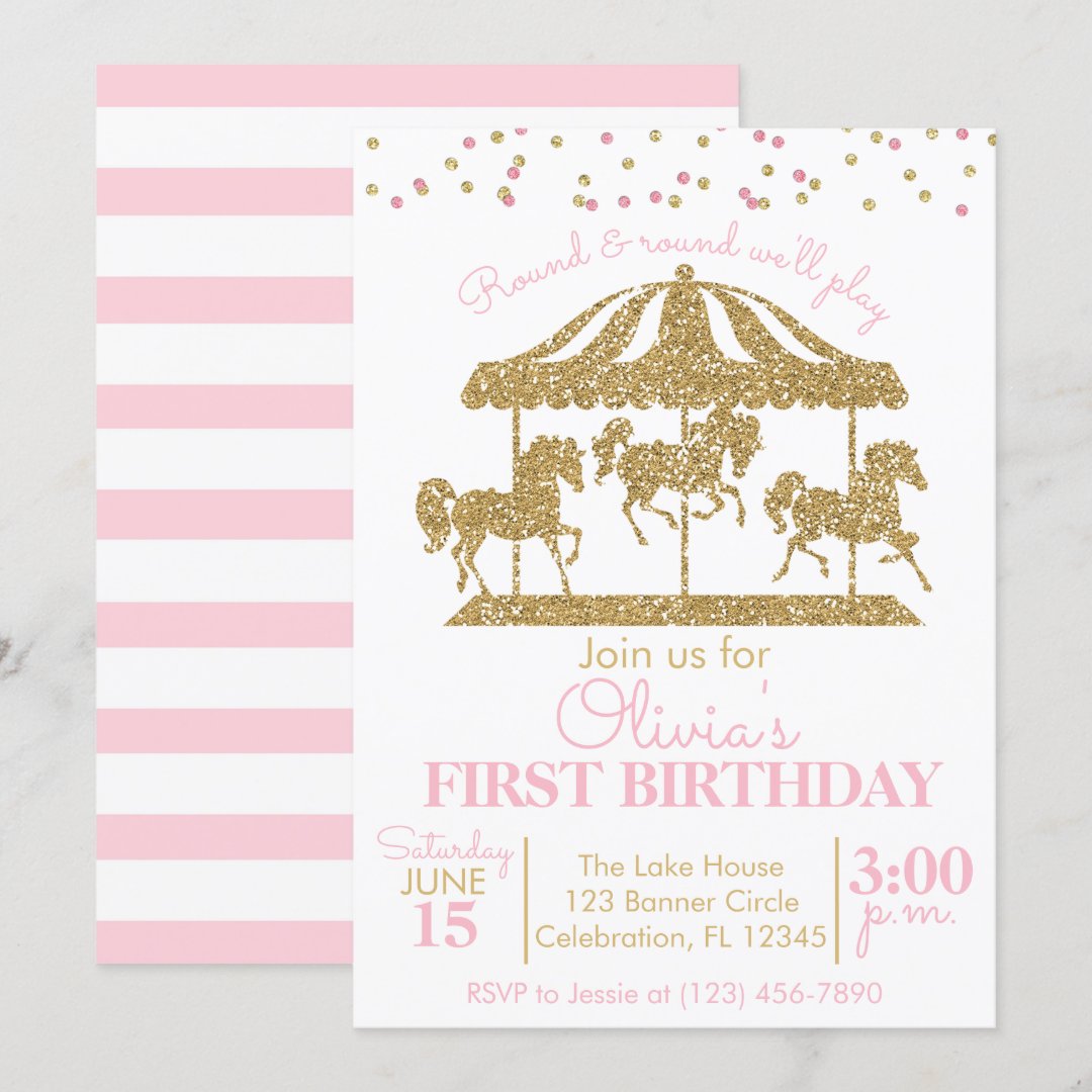 Pink and Gold Carousel Girls Birthday Invitation | Zazzle