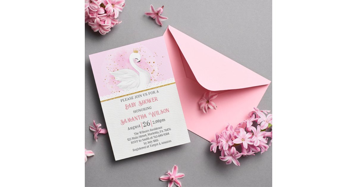 Pink and Gold Confetti Swan Princess Baby Shower Invitation | Zazzle