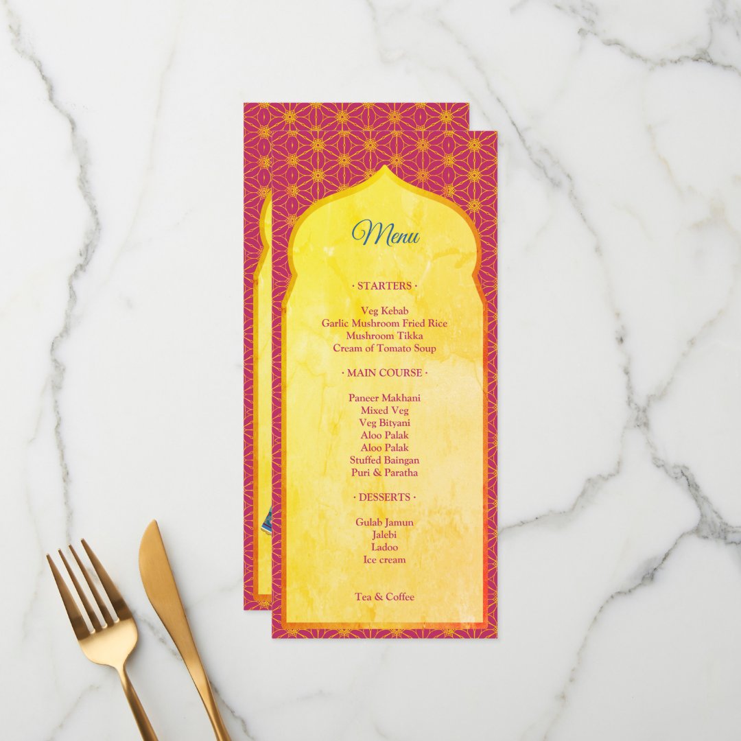 Pink and gold design border indian wedding menu | Zazzle