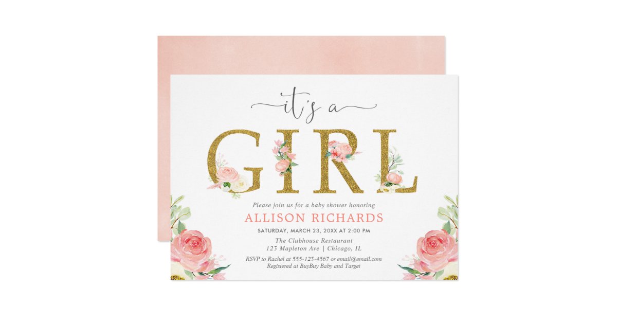 Pink and gold floral baby shower, It's a girl Invitation | Zazzle.com