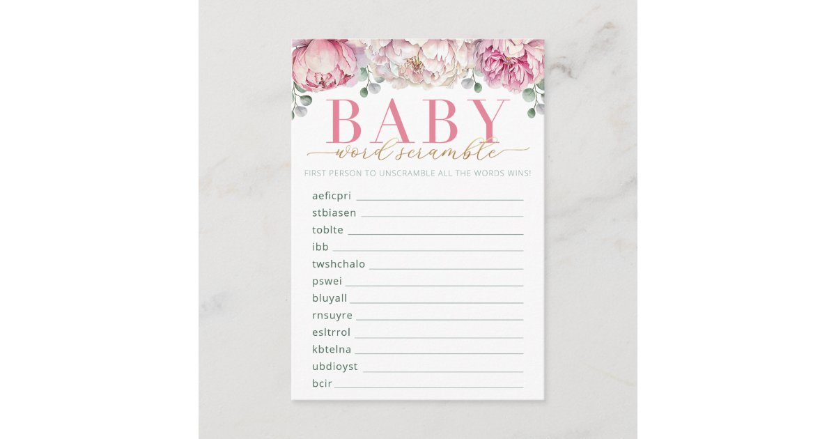 Pink and Gold Floral Baby Shower Word Scramble Gam Enclosure Card | Zazzle