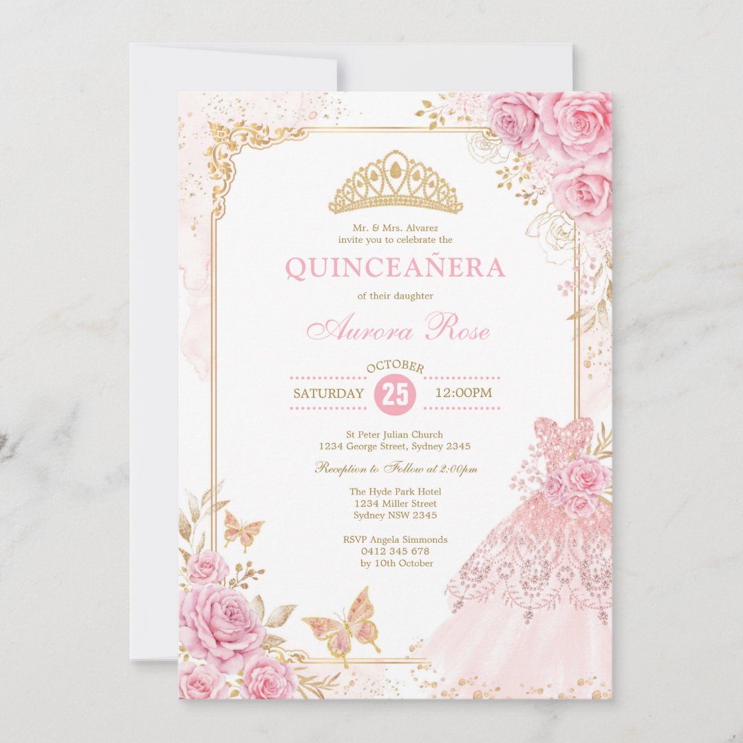 Pink and Gold Floral Crown Princess Quinceañera Invitation | Zazzle