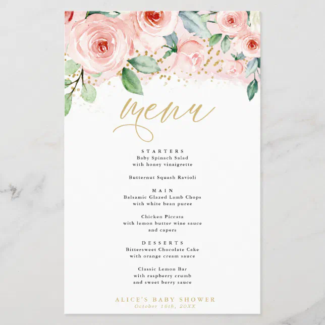 Pink and Gold Floral Event Dinner Paper Menu | Zazzle