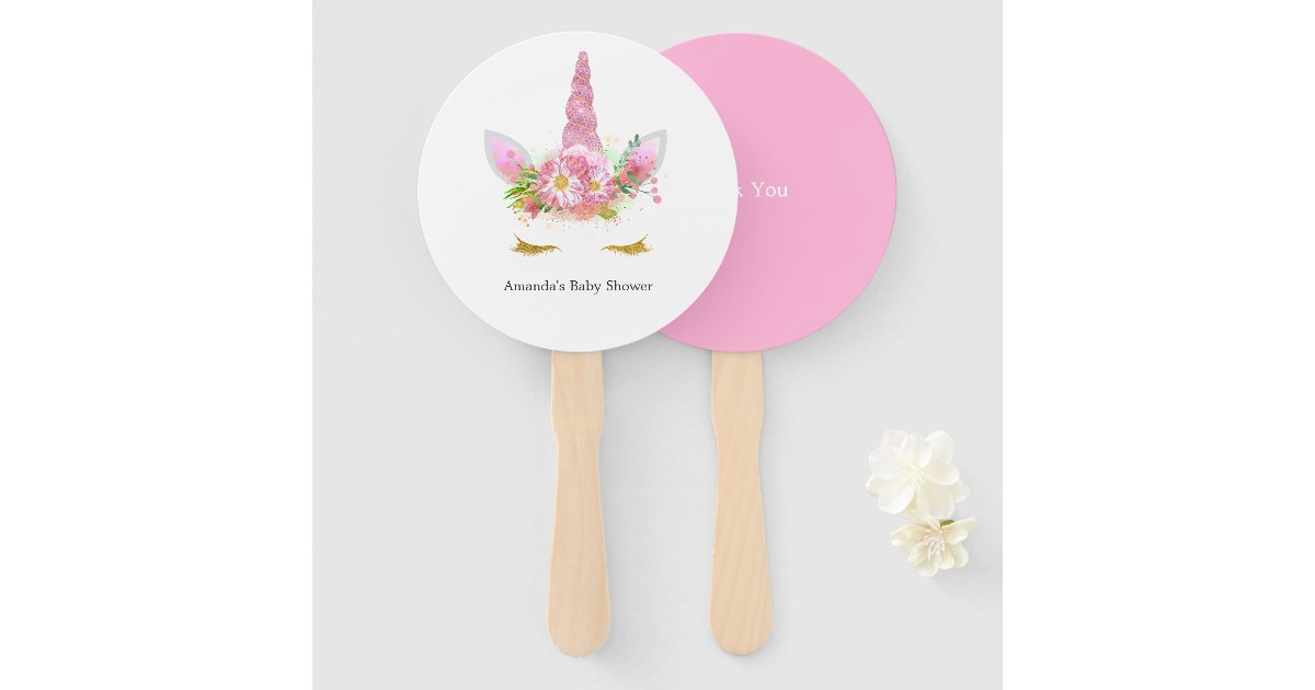 Pink and Gold Floral Unicorn Girl Baby Shower Hand Fan | Zazzle