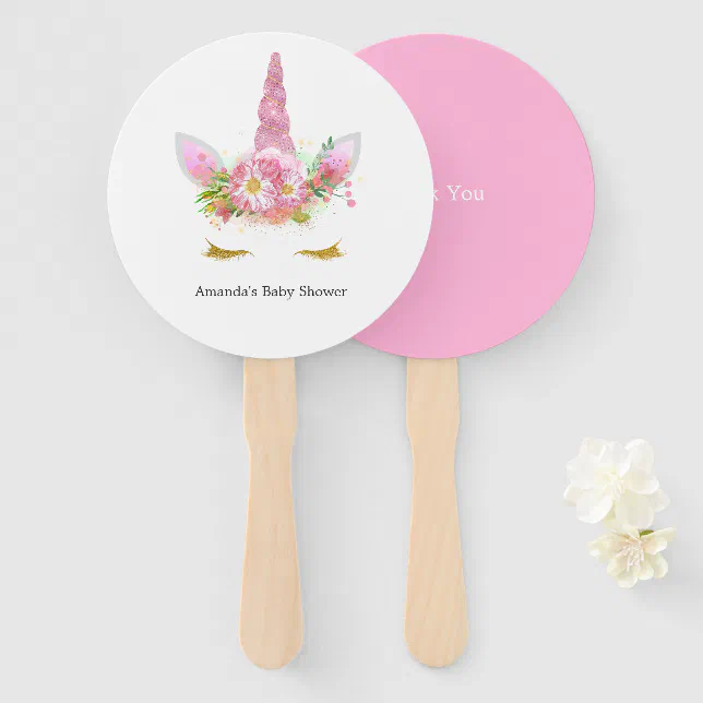 Pink and Gold Floral Unicorn Girl Baby Shower Hand Fan | Zazzle