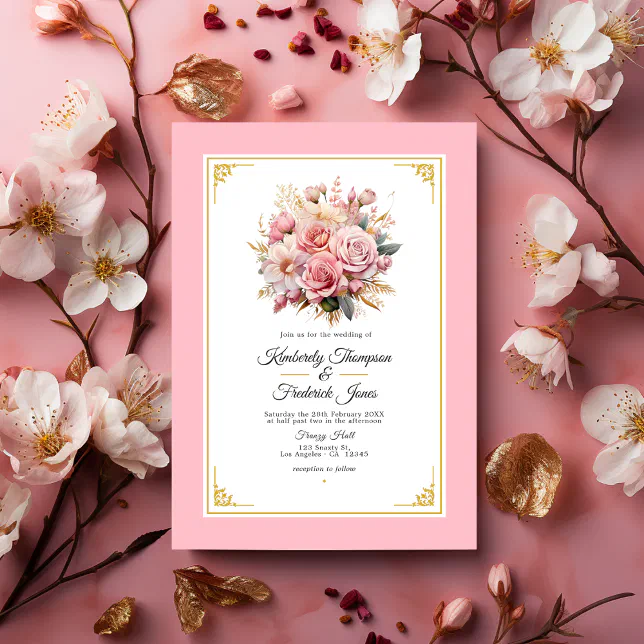 Pink and Gold Floral Wedding Invitation | Zazzle