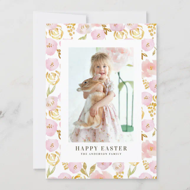 Pink and Gold Foil Flowers Photo Happy Easter Holiday Card | Zazzle