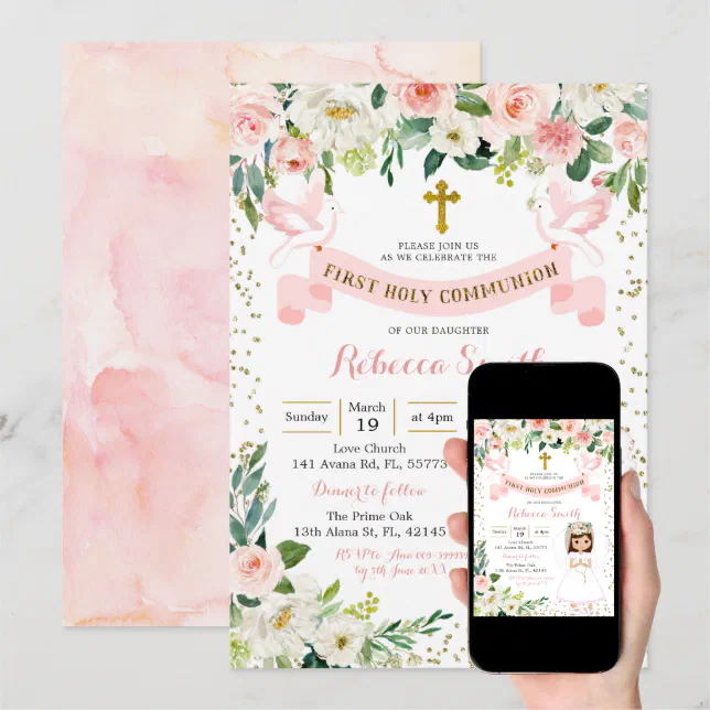 Pink and Gold Girl First Holy Communion Invitation | Zazzle