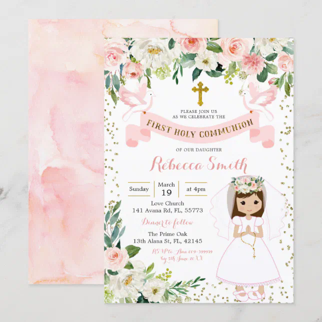 Pink and Gold Girl First Holy Communion Invitation | Zazzle